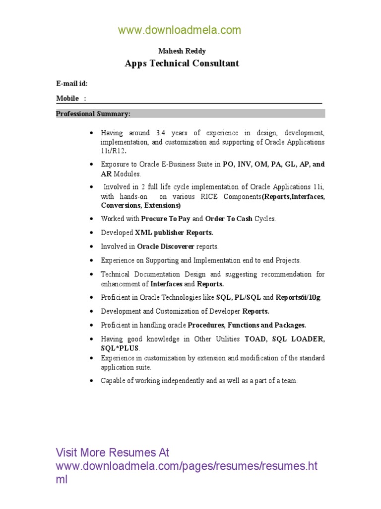 Oracle Apps Technical Consultant Resume | PDF | Oracle Database | Sql