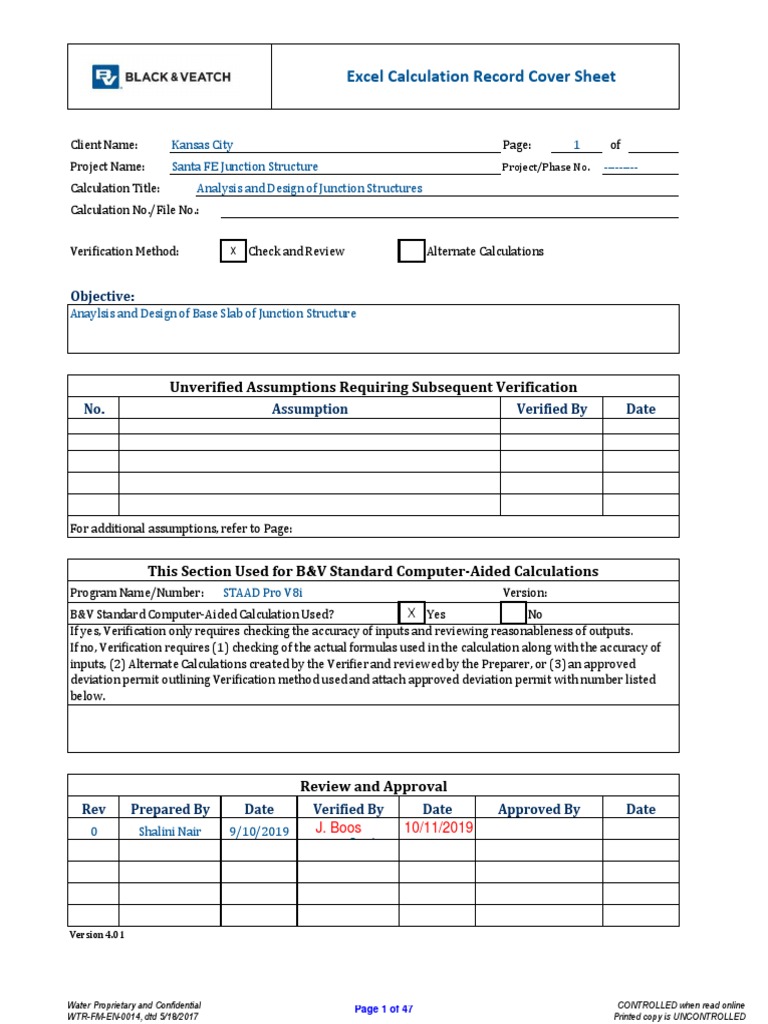 Excel Calculation Record Cover Sheet: Unverified Assumptions Requiring ...