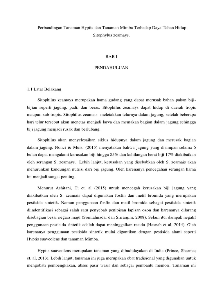 Perbandingan Tanaman Hyptis Dan Tanaman Nimba Terhadap Daya Tahan Hidup ...