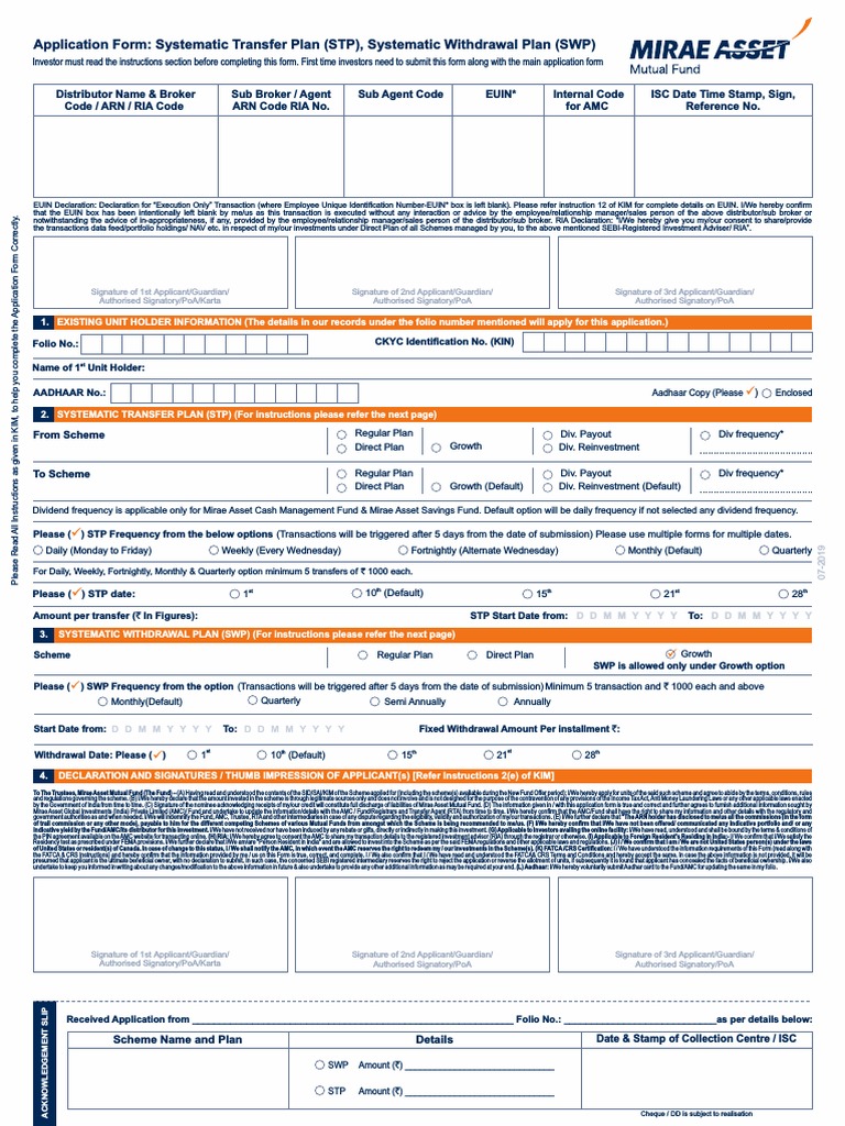 Application Form: Systematic Transfer Plan (STP), Systematic Withdrawal ...