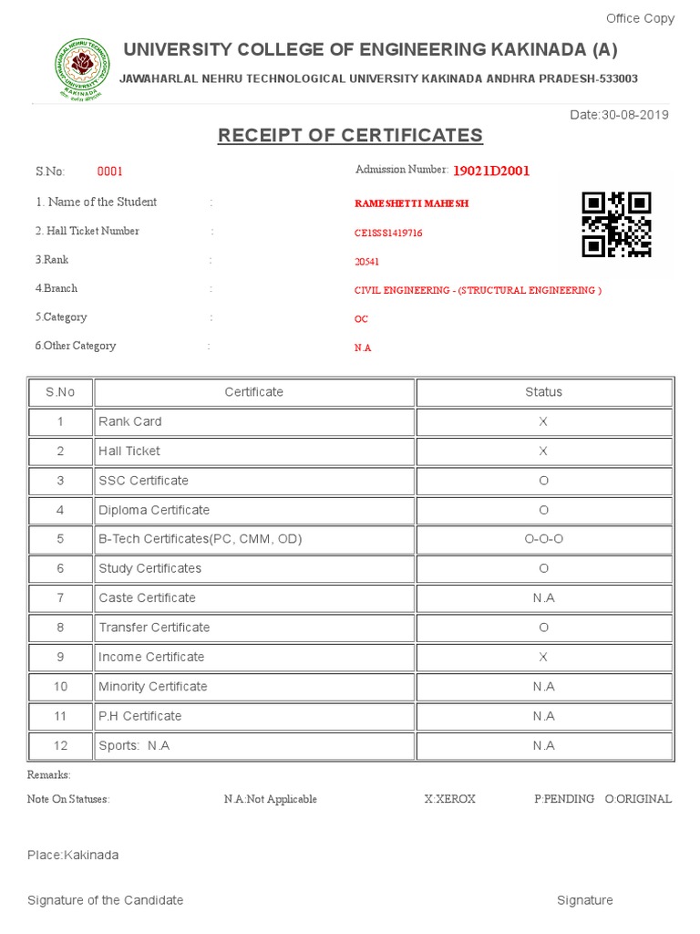 Receipt of Certificates: University College of Engineering Kakinada (A ...
