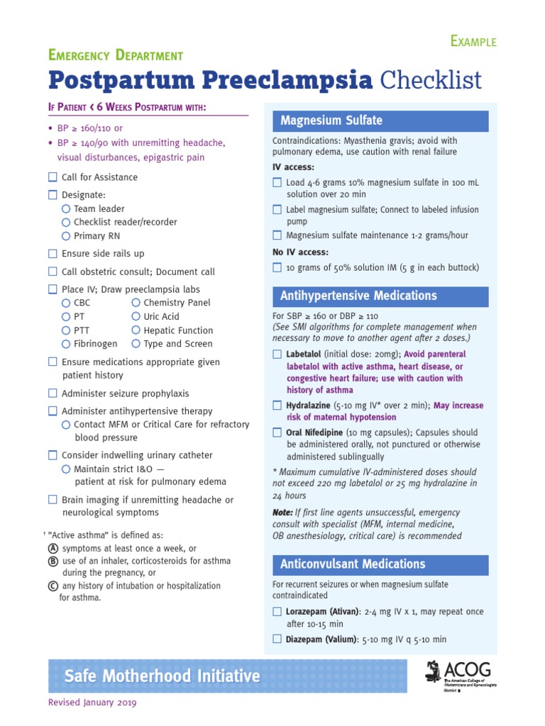 Postpartum Preeclampsia Checklist: Safemotherhoodinitiative | PDF ...