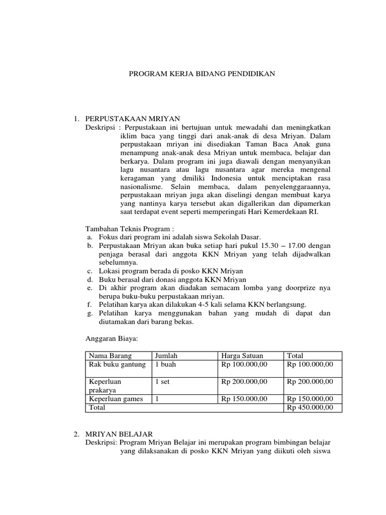 Program Kerja Bidang Pendidikan | PDF