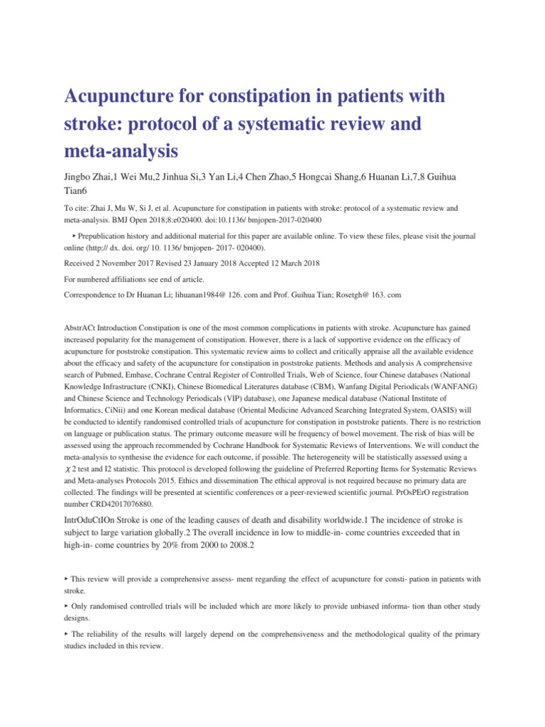 Acupuncture For Constipation in Patients With Stroke: Protocol of A ...
