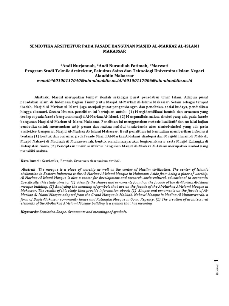 Semiotika Arsitektur Pada Fasade Bangunan Masjid Al-Markaz Al-Islami Makassar | PDF