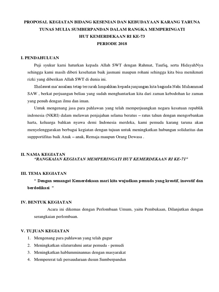 Proposal Kegiatan Bidang Kesenian Dan Kebudayaan Karang Taruna Tunas Mulia Sumberpandan Dalam ...