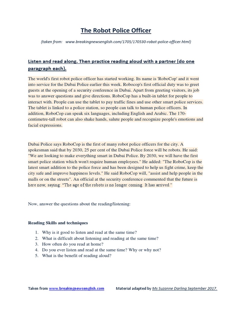 Police Robot Reading. Chapter 1 To 3 | PDF | Reading Comprehension