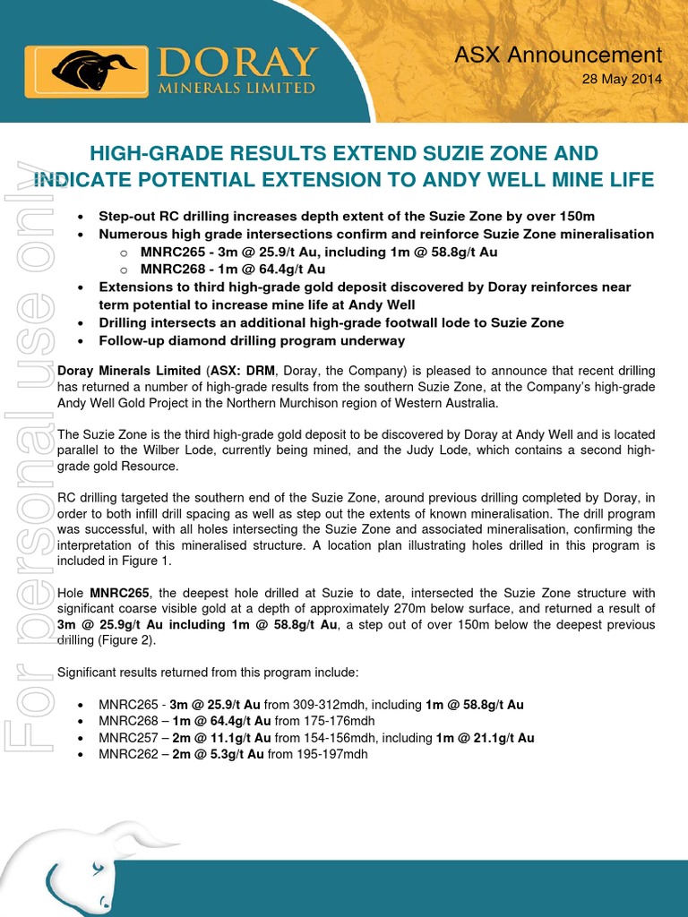 Doray Minerals Announces High-Grade Results Extending Suzie Zone and ...
