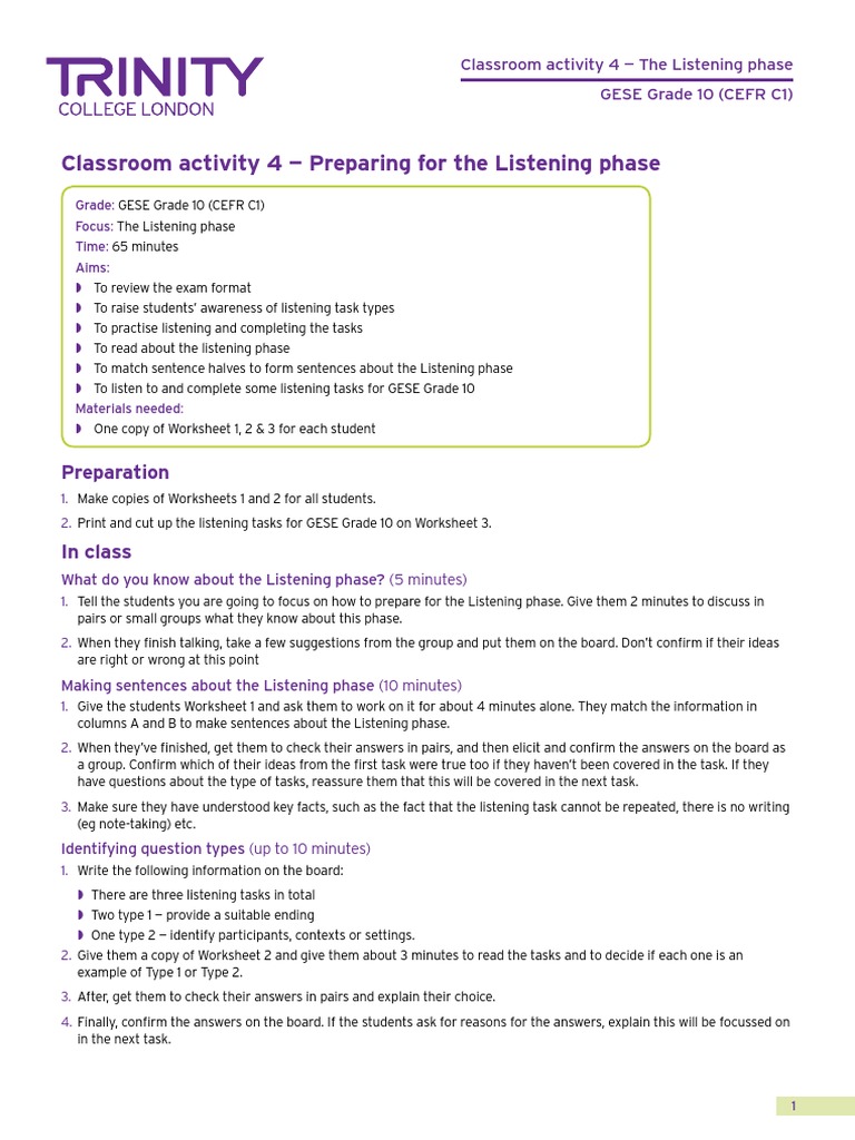 GESE G10 - Classroom Activity 4 - Preparing For Listening Phase PDF ...