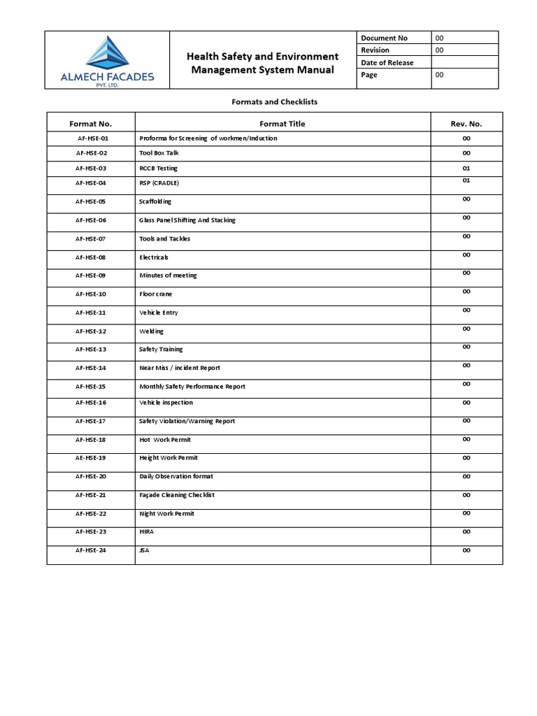 Health Safety and Environment Management System Manual: Formats and ...