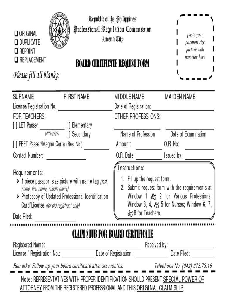 Please Fill All Blanks:: Board Certificate Request Form | PDF ...