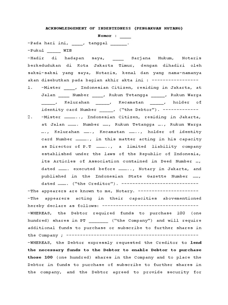 Acknowledgement of Indebtedness (Pengakuan Hutang) | PDF | Debtor ...