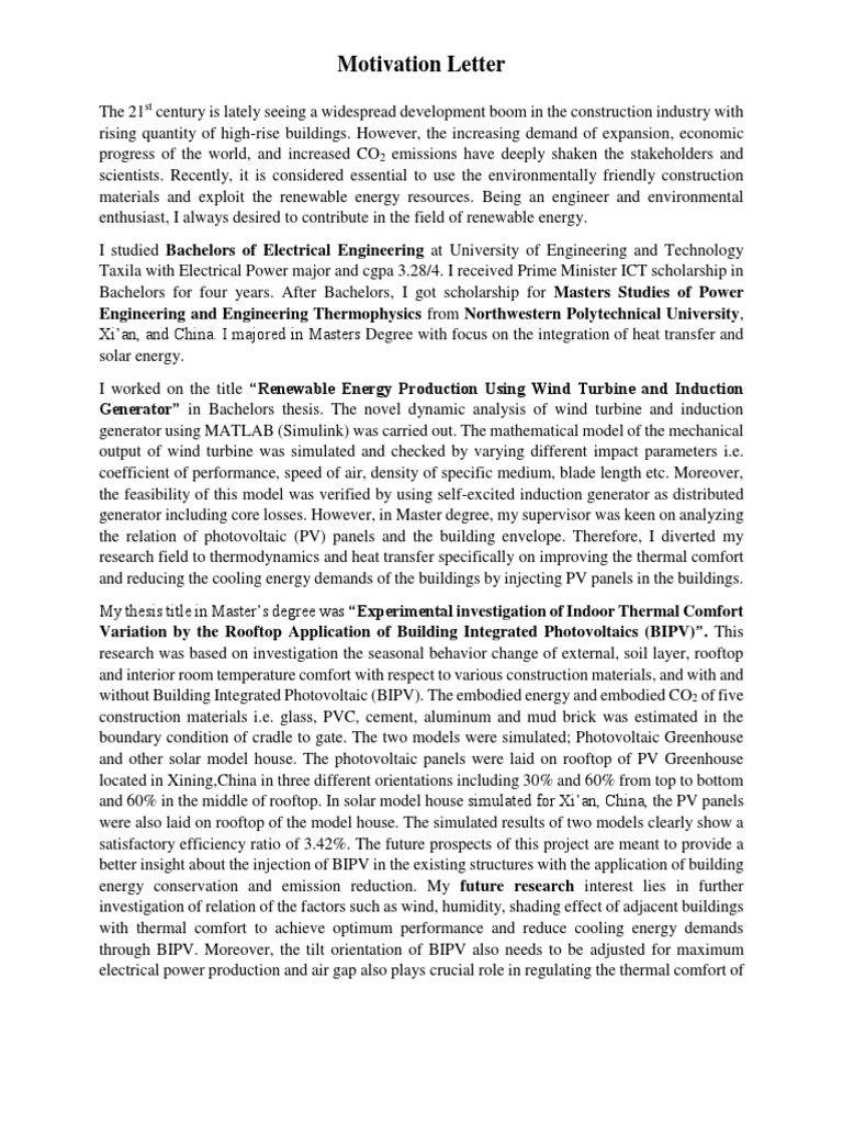 PhD Motivation Letter for Renewable Energy | PDF | Photovoltaics ...