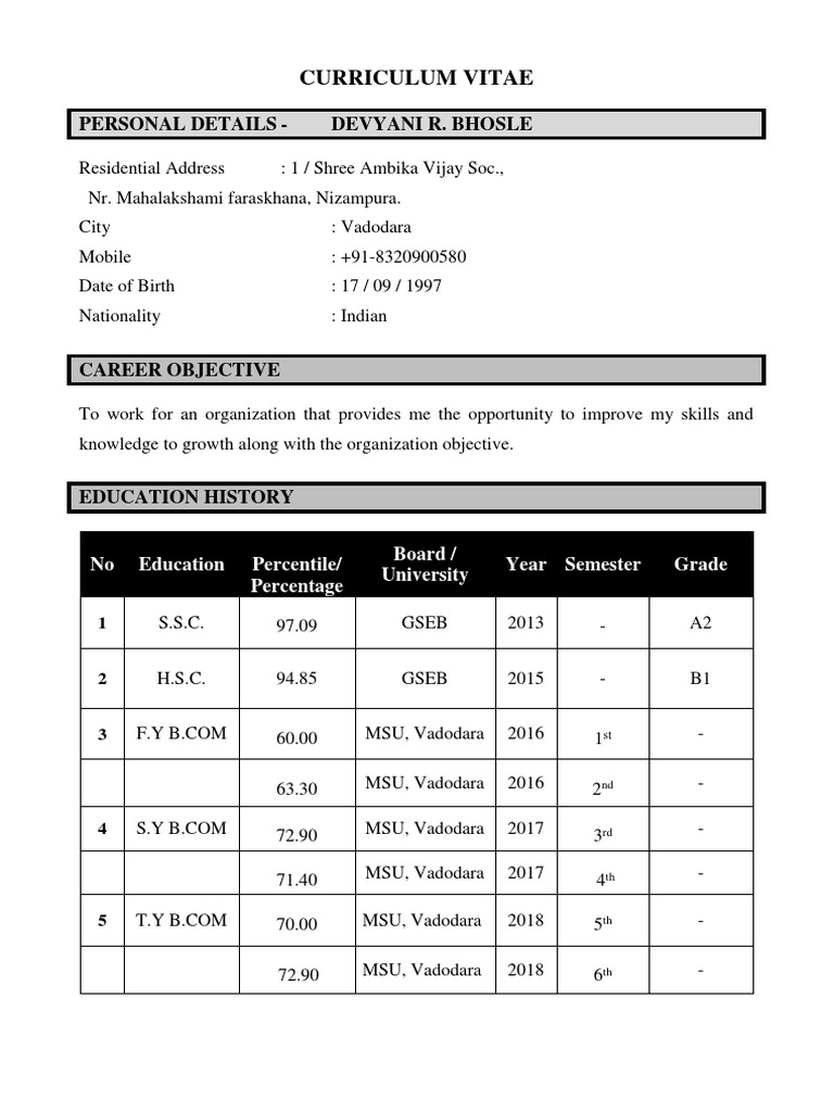 Curriculum Vitae: Personal Details - Devyani R. Bhosle | PDF
