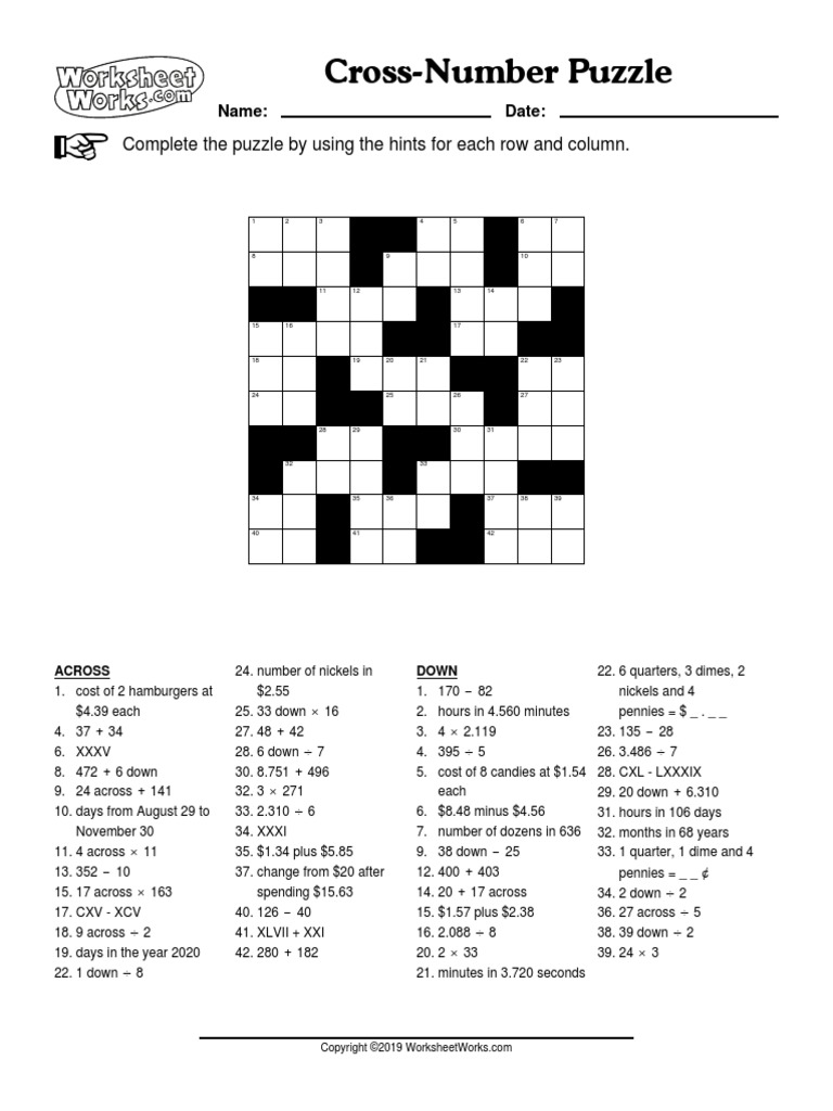 Cross-Number Puzzle: Complete The Puzzle by Using The Hints For Each ...