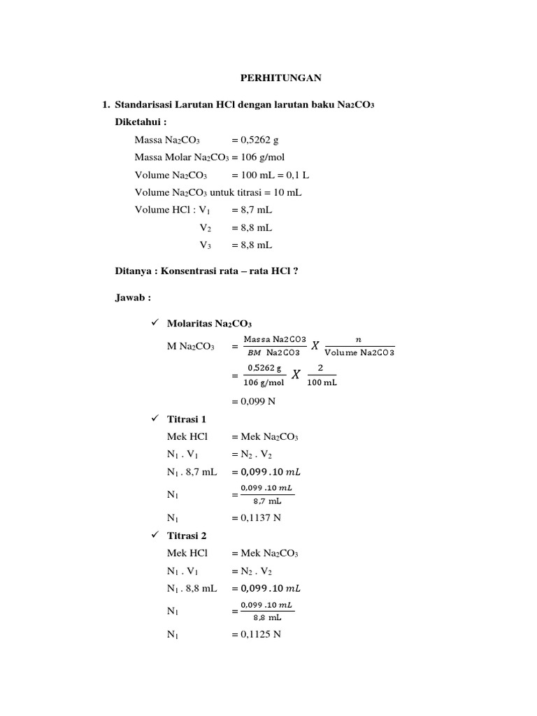 PERNITUNGAN Standarisasi Larutan HCL Dengan Larutan Baku Na2CO3 ...