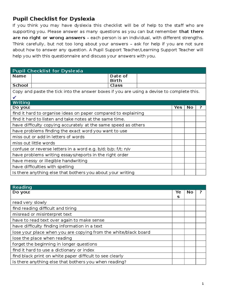 Pupil Checklist For Dyslexia | PDF | Dyslexia | Applied Psychology