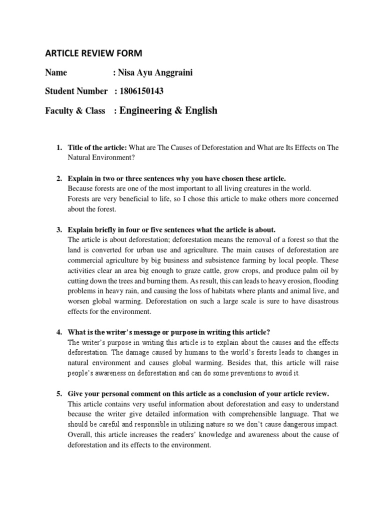 Article Review Form: Name: Nisa Ayu Anggraini Student Number ...