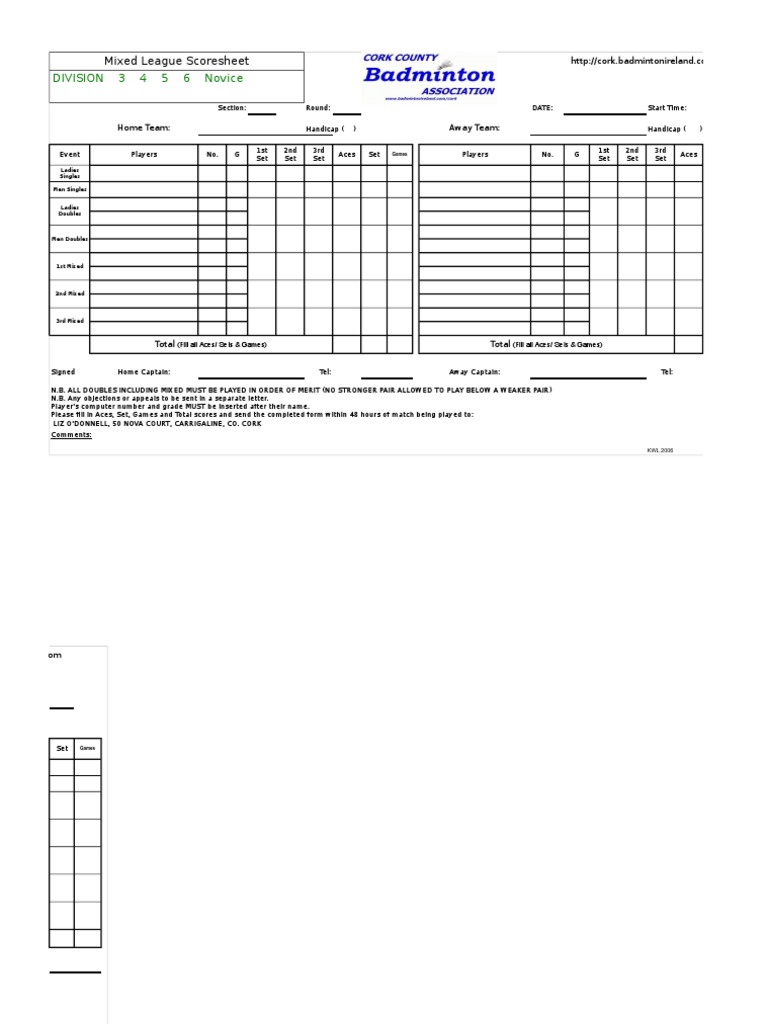 Mixed League Scoresheet: Division 3 4 5 6 Novice | PDF | Leisure | Sports