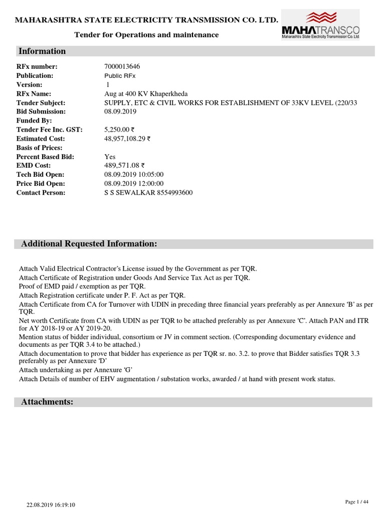 MSETCL Tender for Operations and maintenance of 400 KV Khaperkheda ...