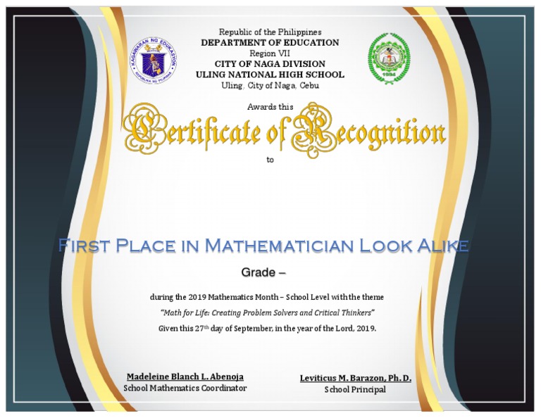 First Place in Mathematician Look Alike: Grade | PDF