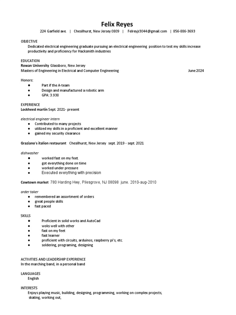 Electrical Engineering Graduate Resume | PDF | Art