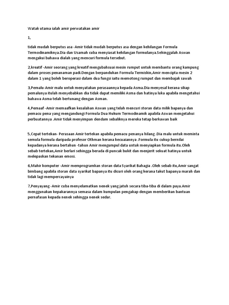 Watak Utama Ialah Amir Perwatakan Amir | PDF