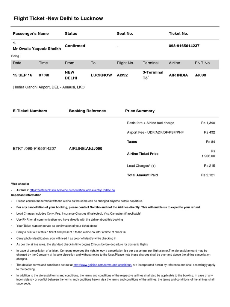 Flight Ticket - New Delhi To Lucknow | PDF | Service Industries | Transport