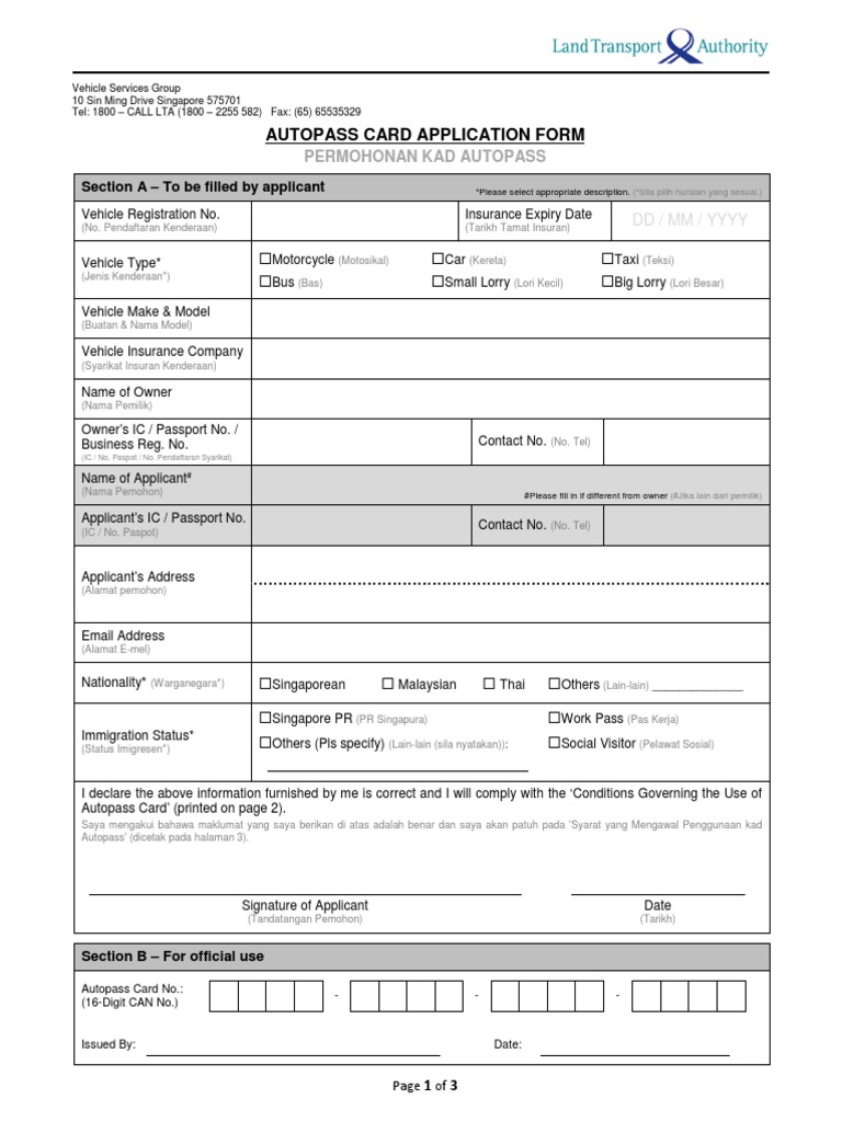 Autopass Card Application Form Singapore | PDF | Payments | Land Transport