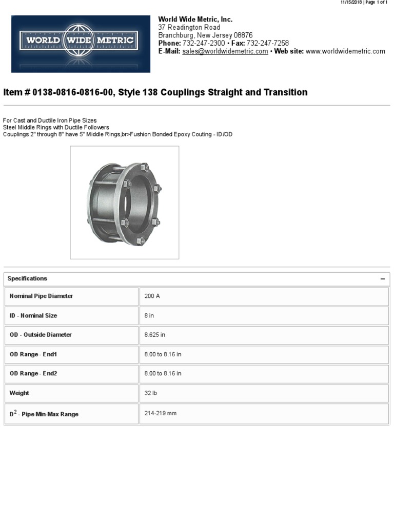 Item # 0138-0816-0816-00, Style 138 Couplings Straight and Transition | PDF