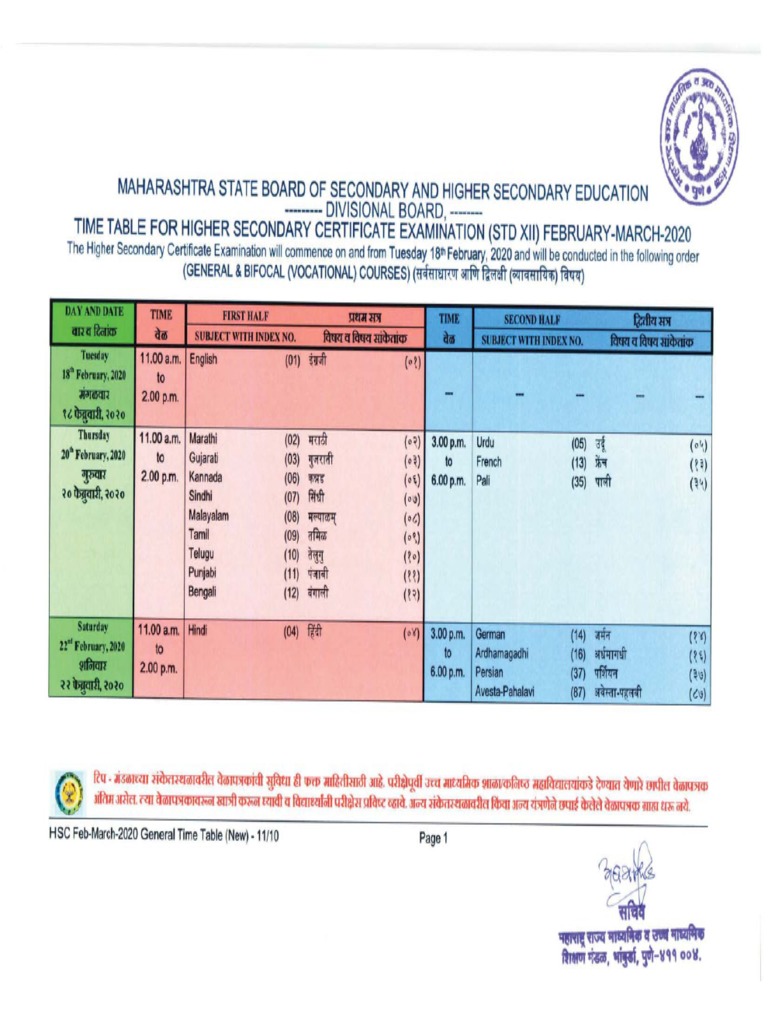HSC Board Exam Timetable 2020 | PDF