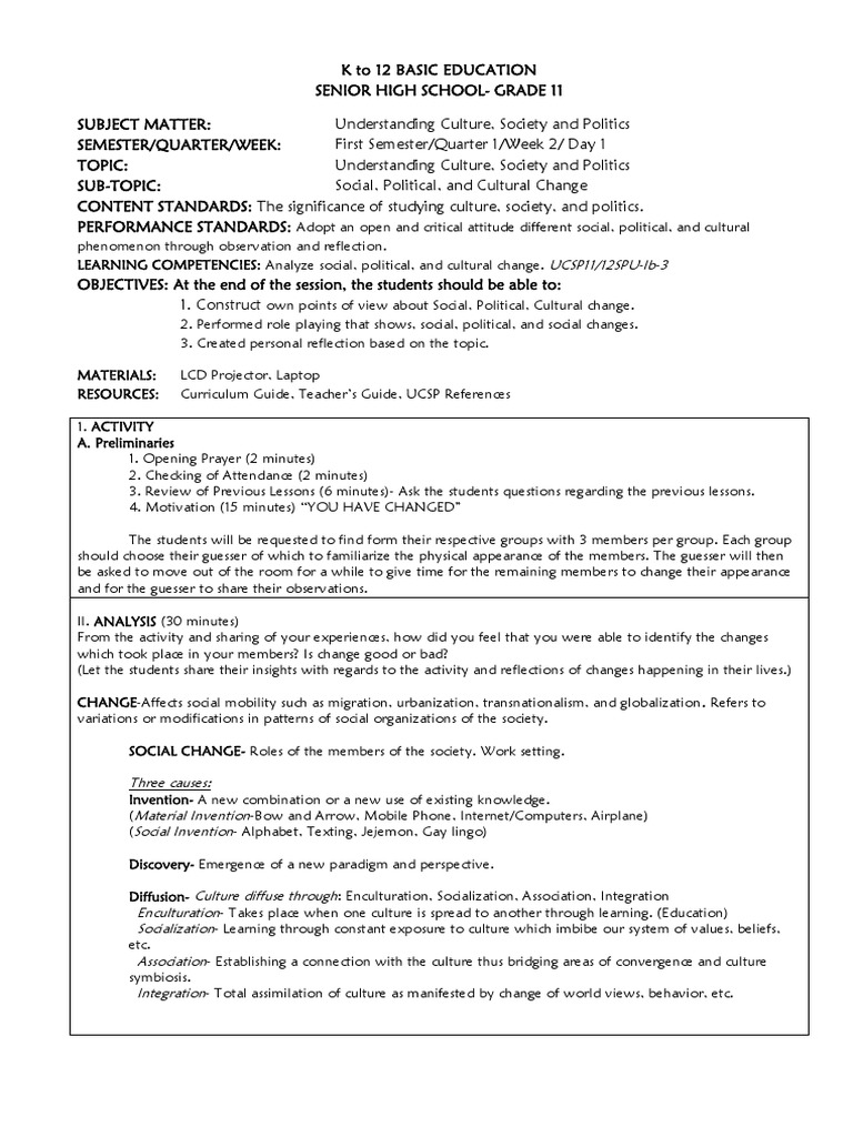 Detailed Lesson Plan-Understanding Culture, Society and Politics | PDF ...