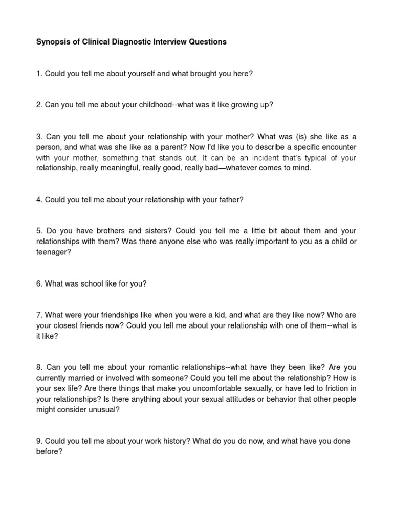 Synopsis of Clinical Diagnostic Interview Questions | PDF | Psychology ...