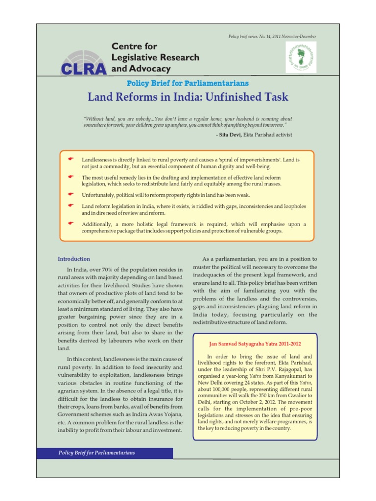 Land Reforms in India: A Policy Brief | PDF | Land Law | Land Reform
