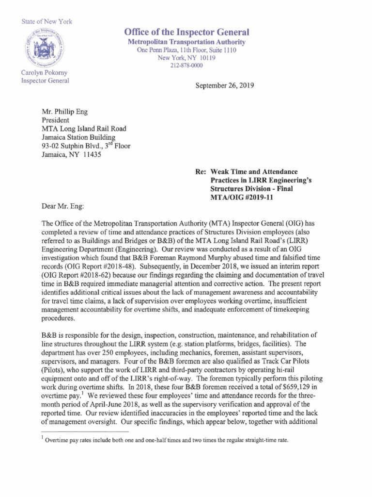 Pokorny's Letter On Weak Time and Attendance Practices in LIRR ...