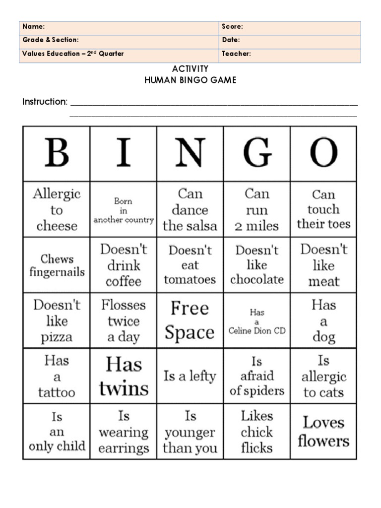 Human Bingo Game Instructions | PDF | Games & Activities