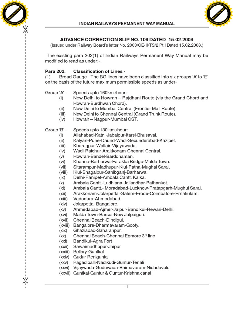 Advance Correction Slip No. 109 Dated - 15-02-2008: para 202 ...