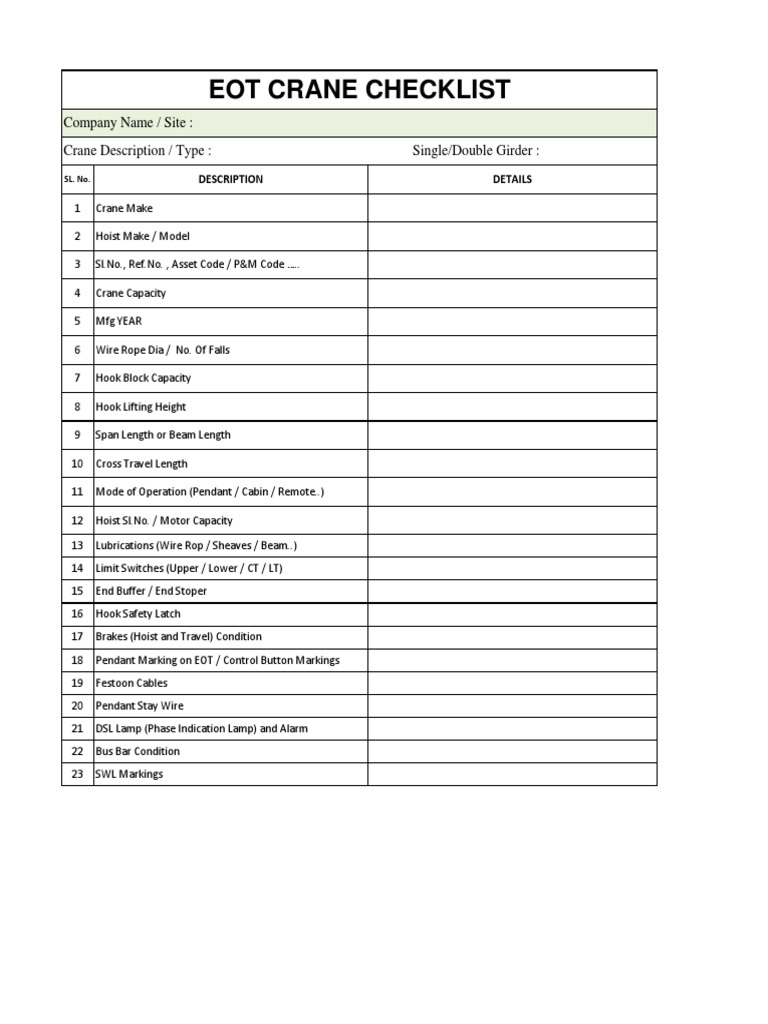 EOT Crane Maintenance Checklist | PDF