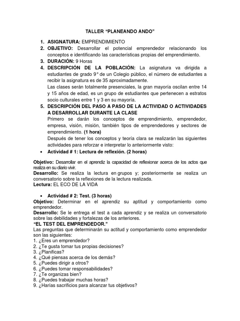 INDUCCIÓN A PROCESOS PEDAGÓGICOS SENA - TALLER Planeando Ando | PDF | Iniciativa empresarial ...