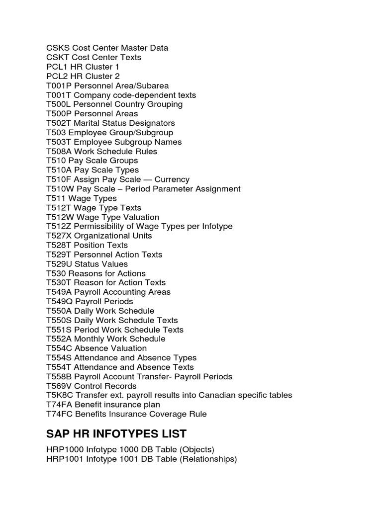 SAP HR Infotypes and Tables Overview | PDF | Pension | Payroll