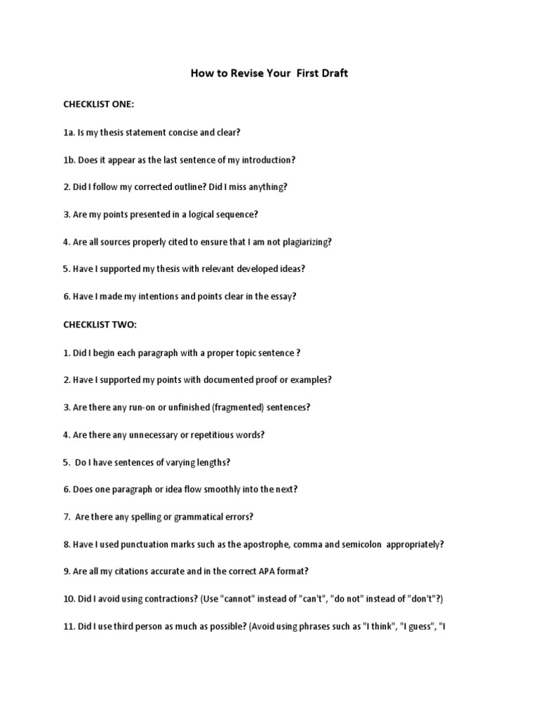 How To Revise Your First Draft: Checklist One | PDF