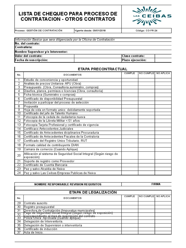 Co-Fr-24 Lista de Chequeo para Iniciar Proceso de Contratacion | PDF ...