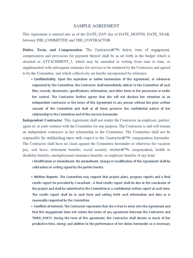 Sample Agreement: Duties, Term, and Compensation. The Contractorâ ™s ...