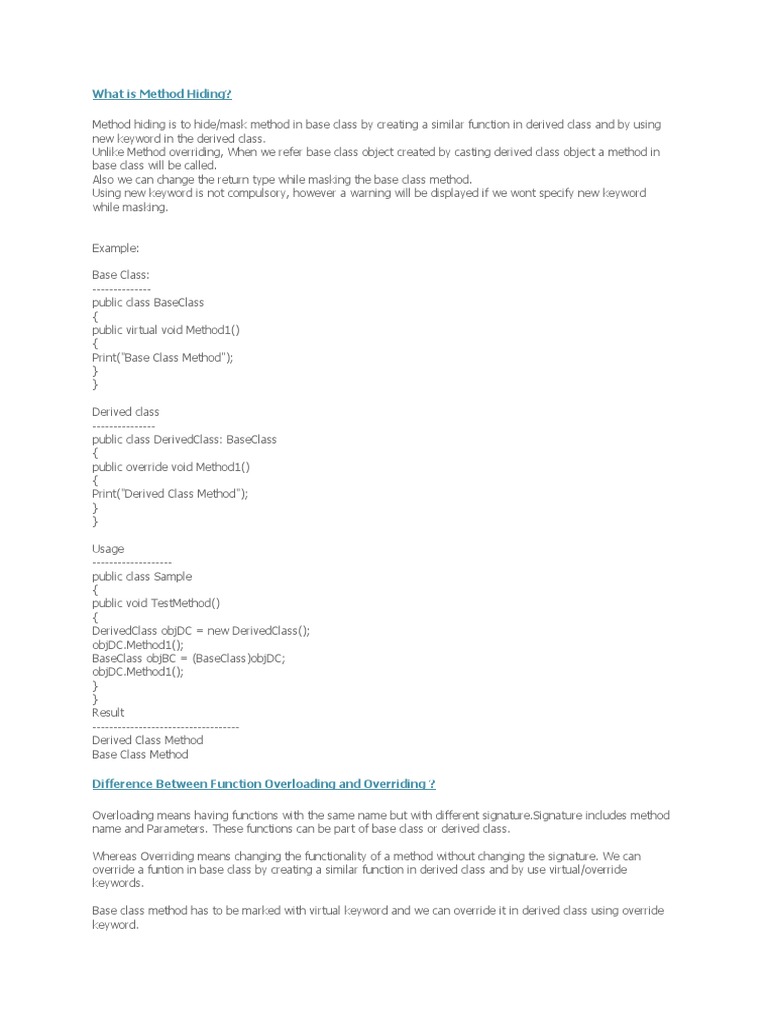 Method Hiding vs Method Overriding in C# - Key Differences Explained with Examples | PDF ...