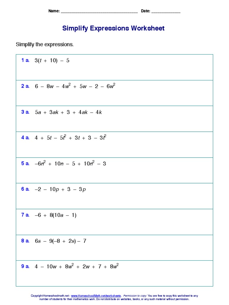 Simplify Expressions Worksheet | PDF
