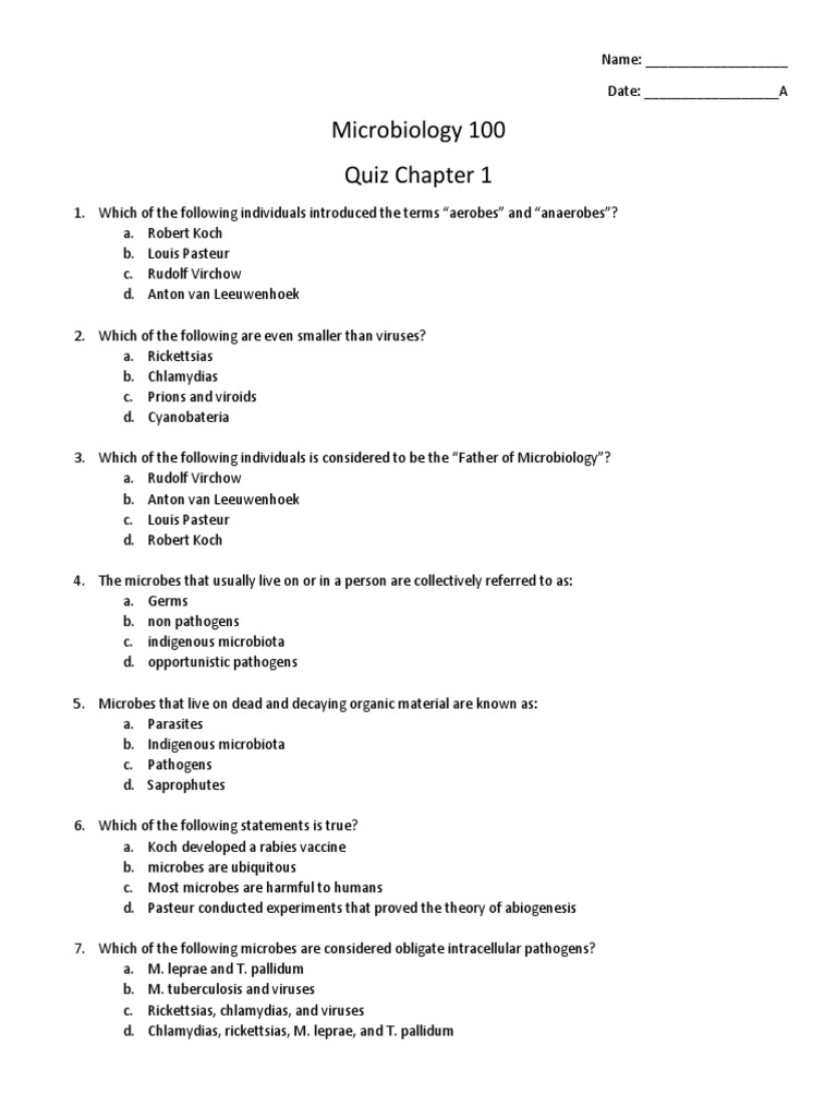 Microbiology 100: Chapter 1 Quiz | PDF | Pathogen | Microbiology