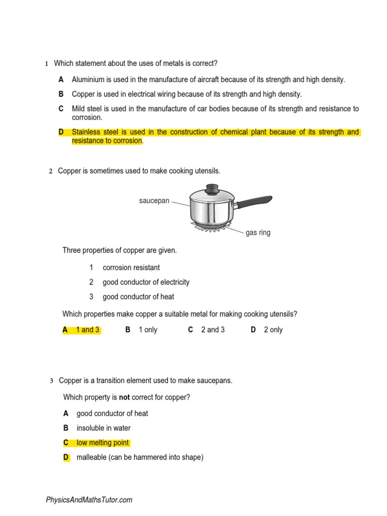 Uses of Metals (Multiple Choice) QP | PDF | Metals | Stainless Steel