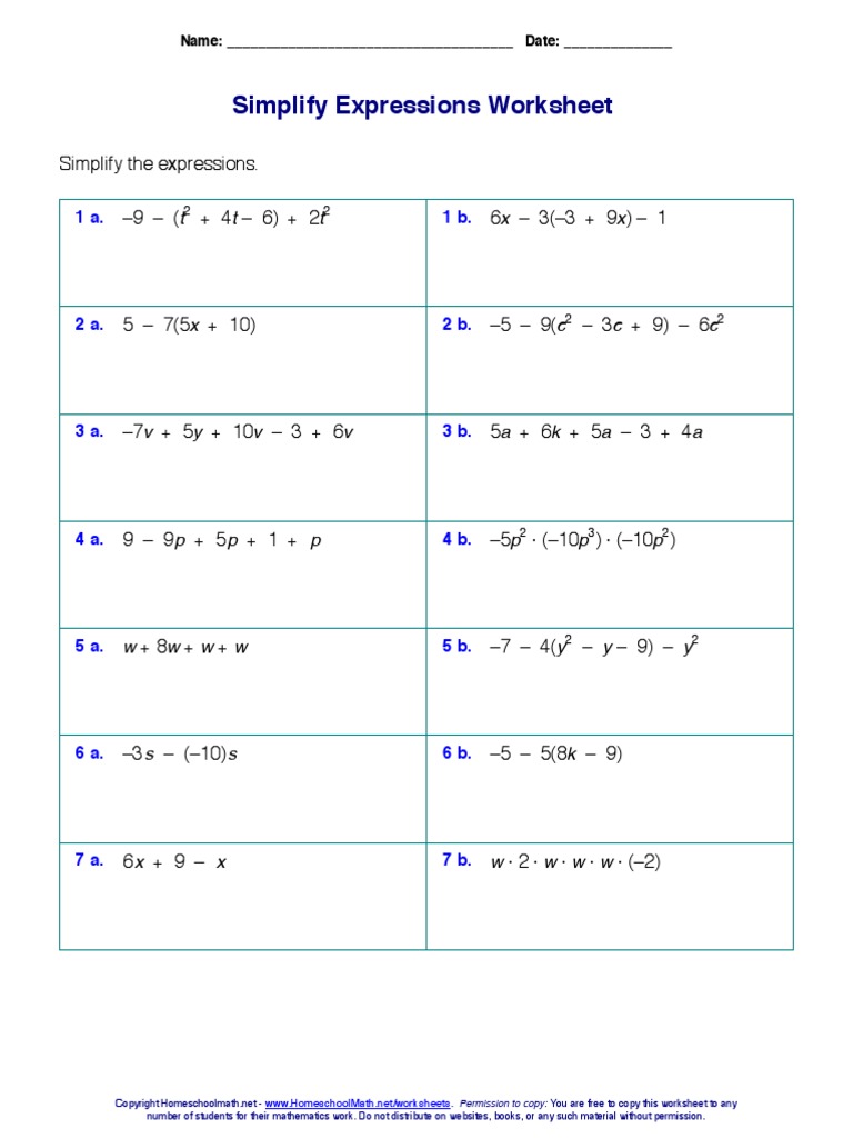 Simplify Expressions Worksheet | PDF | Teaching Methods & Materials