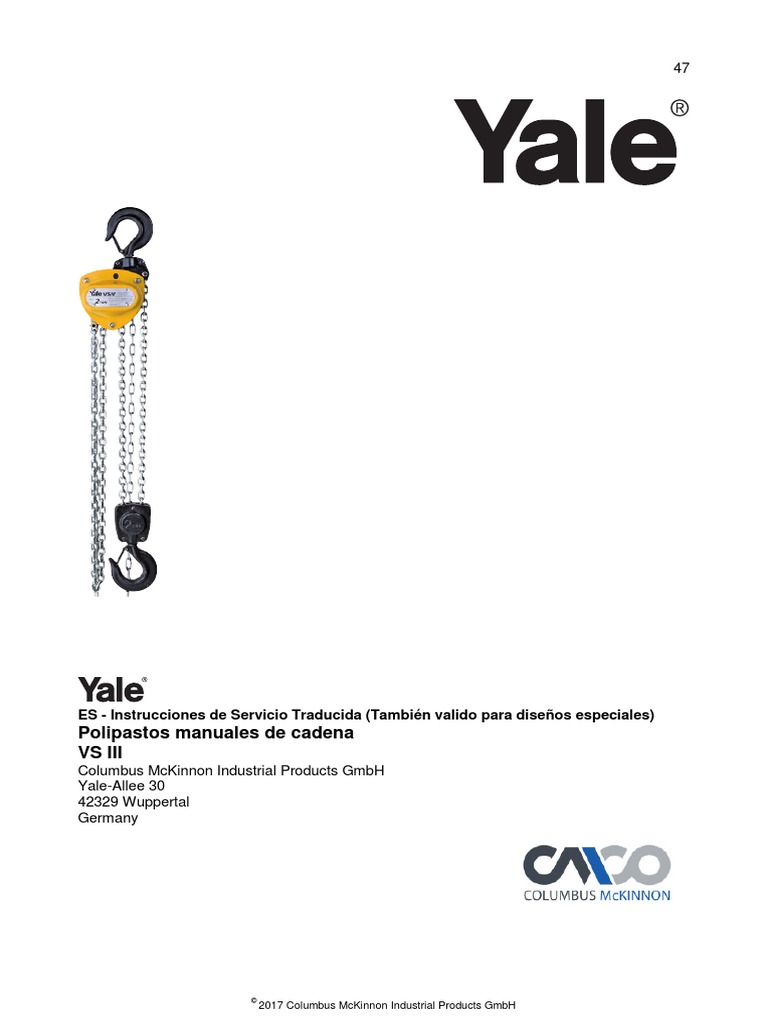Yale Polipasto Manual VS051 OIM&M | PDF | Ascensor | Ingeniería mecánica