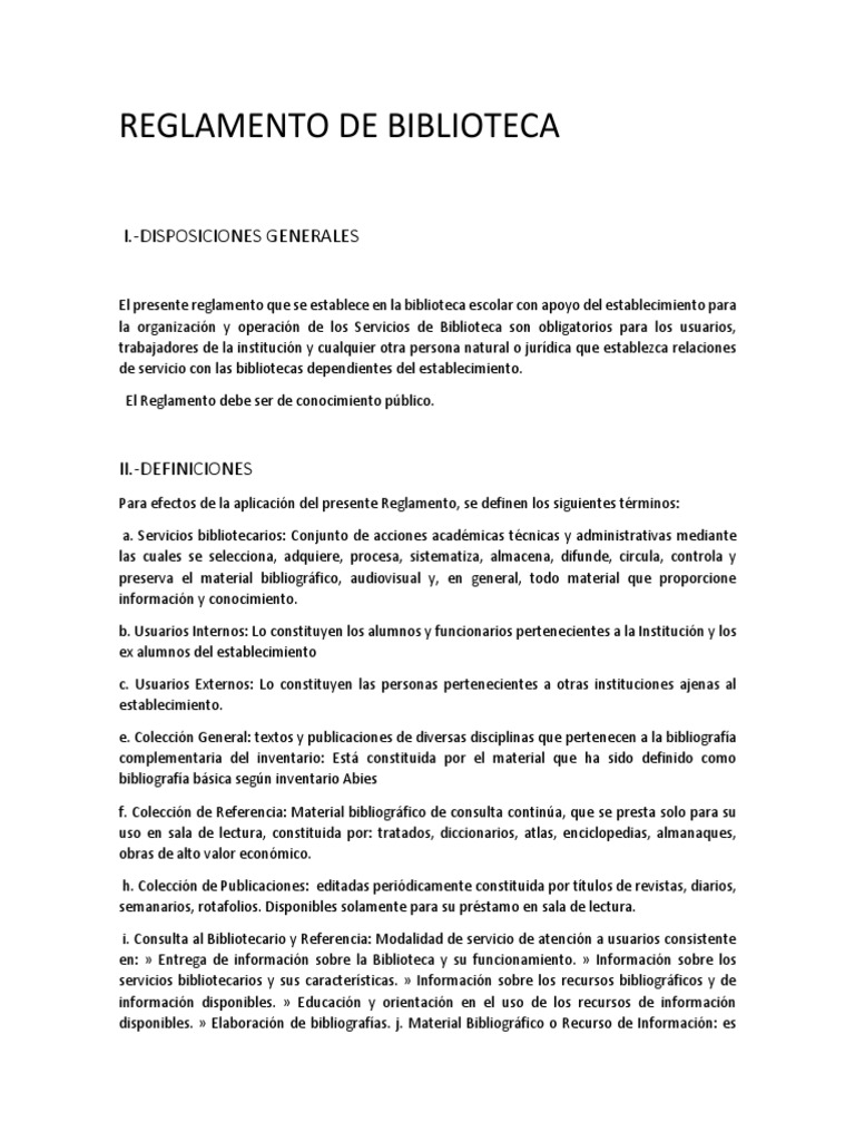 Reglamento De Biblioteca Pdf Bibliotecas Bibliotecario
